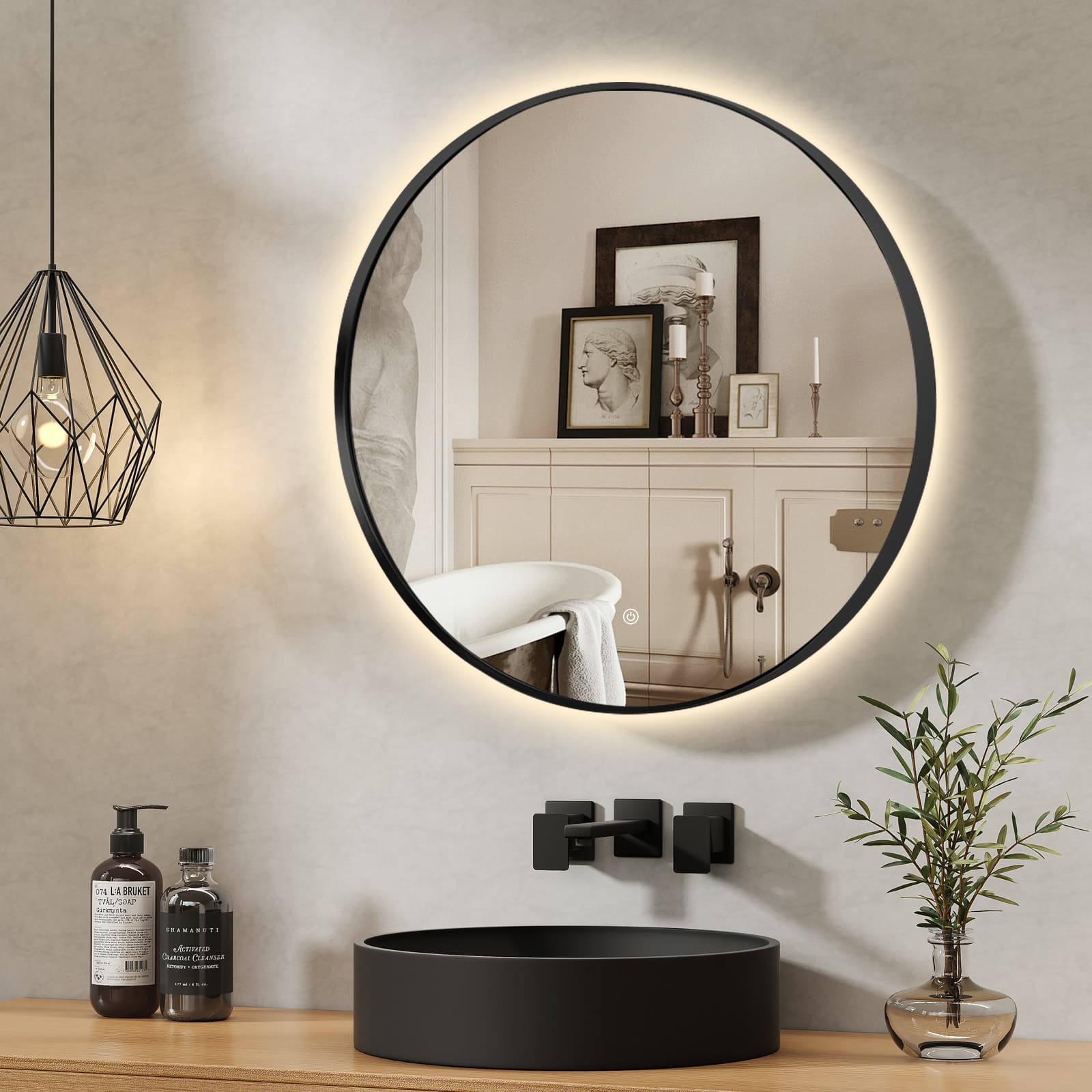 Round LED Mirror 60cm Black Framed Backlit Defogger Dimmable – Prime Mirror